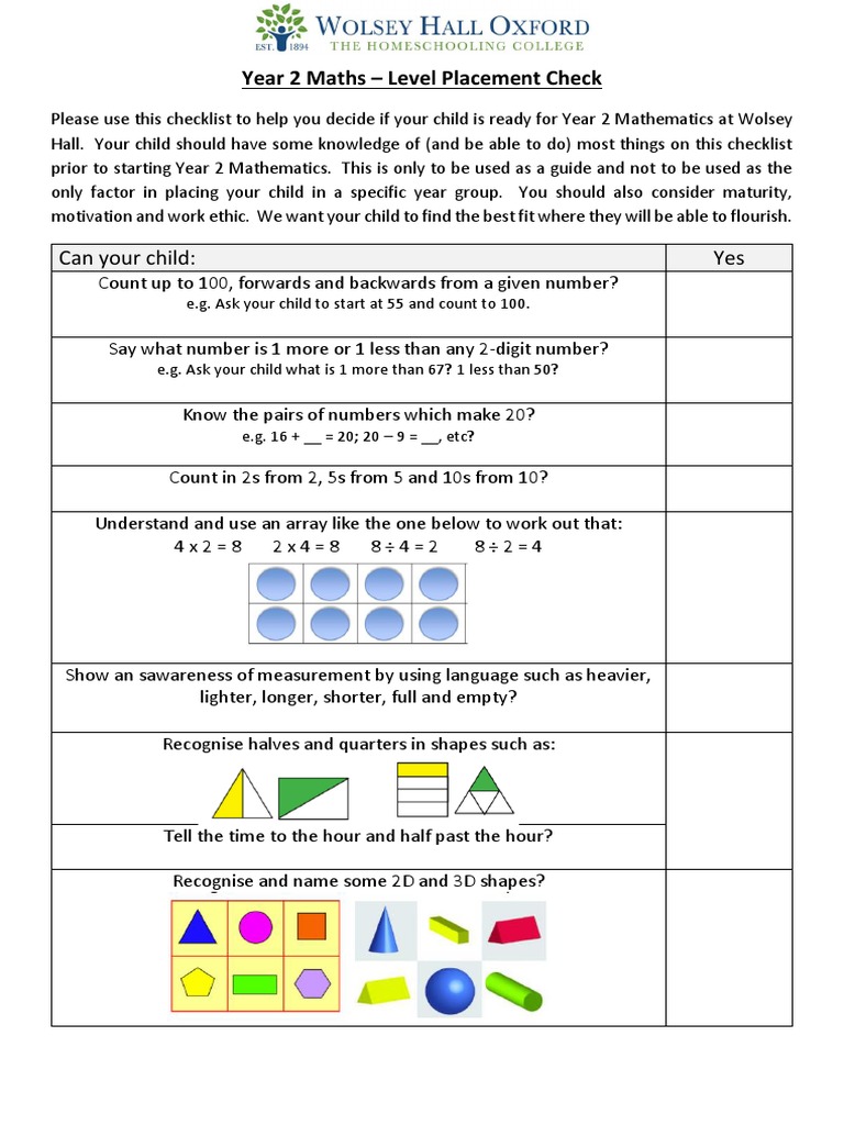 Year 2 Maths Level Placement Check | PDF