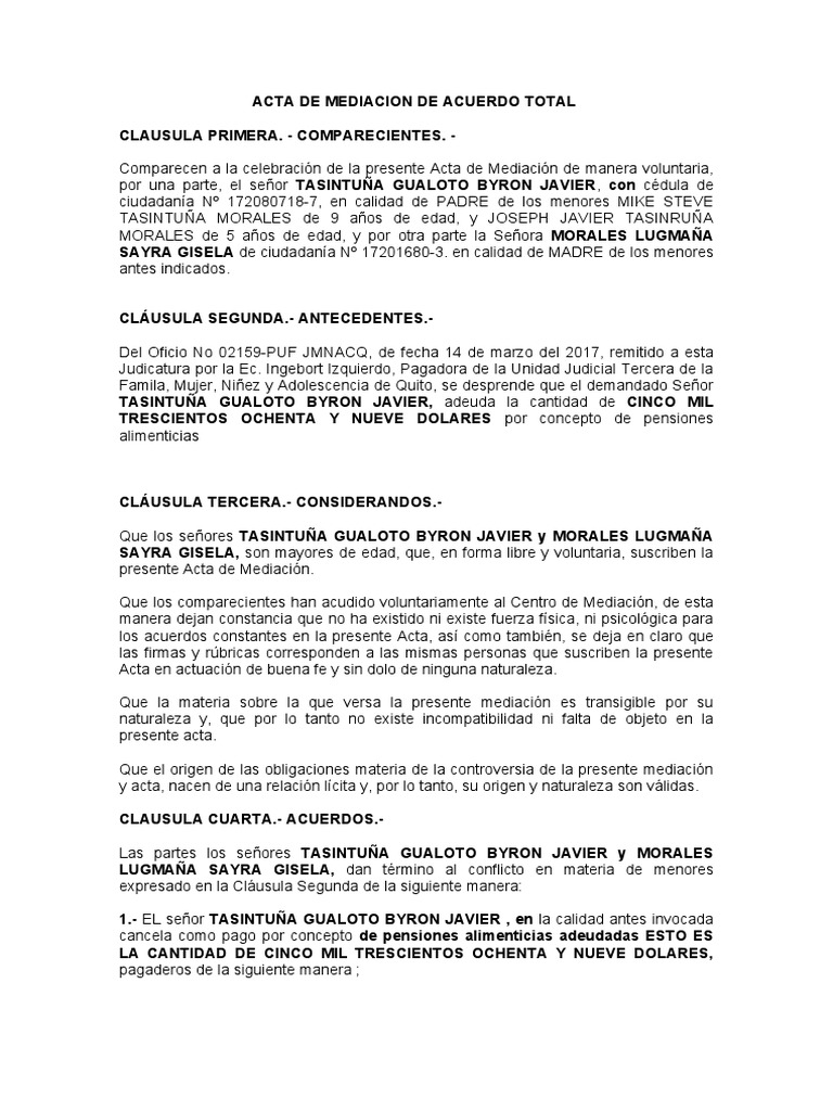 Acta de Mediación Acuerdo Total.-Alimentos | PDF