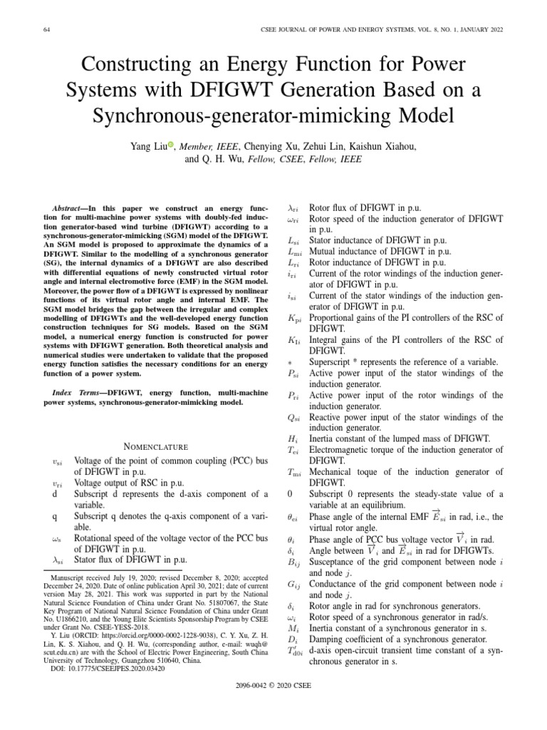 Constructing An Energy Function For Power Systems With DFIGWT Generation Based On A Synchronous ...