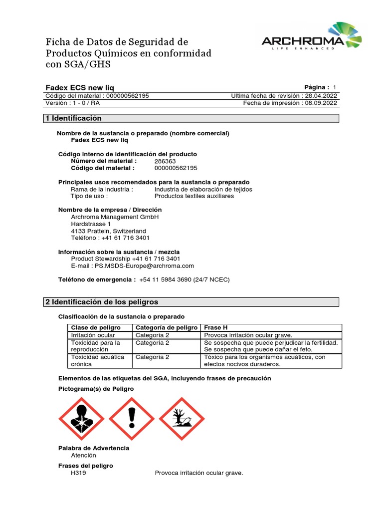 ARCHROMA SAFETY DATA SHEET ARGENTINA - Spanish | PDF