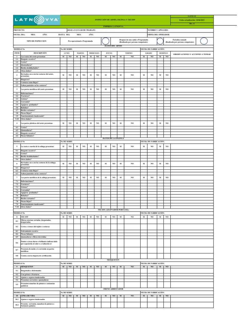 2-INSPECCION DE ARNES ESLINGA Y TIE OFF OK | PDF