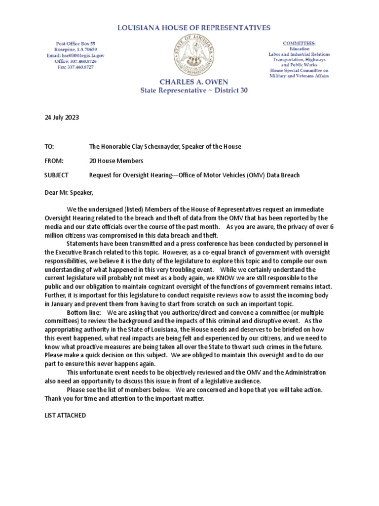 La. OMV Data Breach Letter | PDF