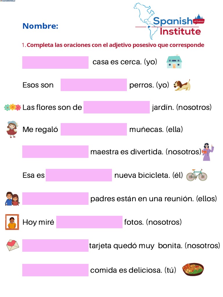 Completa oraciones con adjetivos posesivos | PDF