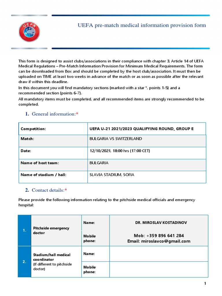 UEFA Pre-Match Medical Information Form | PDF | Ambulance | Emergency ...