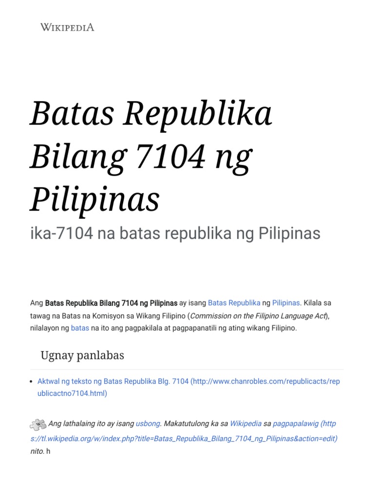 Batas Republika Bilang 7104 NG Pilipinas - Wikipedia, Ang Malayang ...