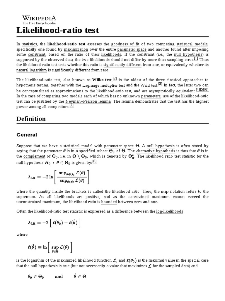 Likelihood Ratio Test Pdf Statistical Hypothesis Testing Tests