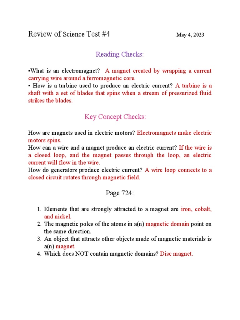 Review of Science Test #4 | PDF | Magnet | Magnetic Field