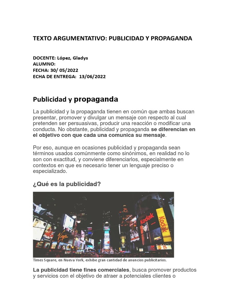 TEXTO ARGUMENTATIVO Publicidad y Propaganda | PDF | Publicidad | Propaganda