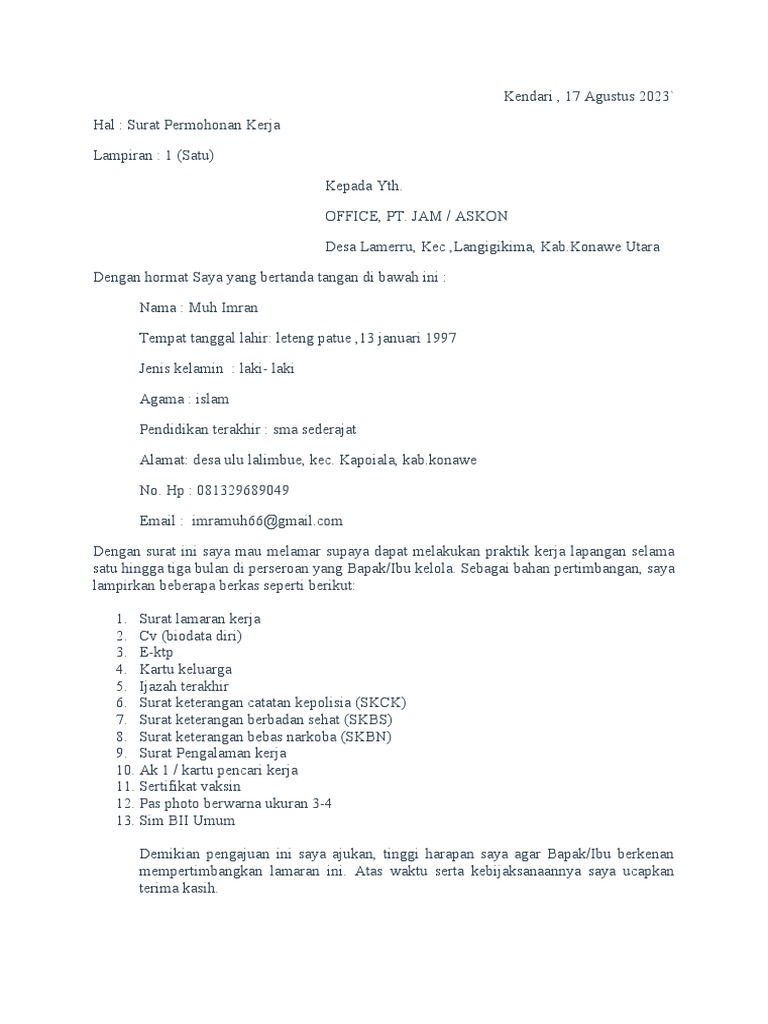 surat lamaran kerja cv | PDF