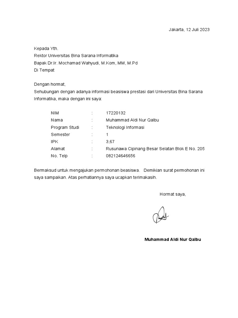 Contoh Srt Permohonan - UBSI | PDF