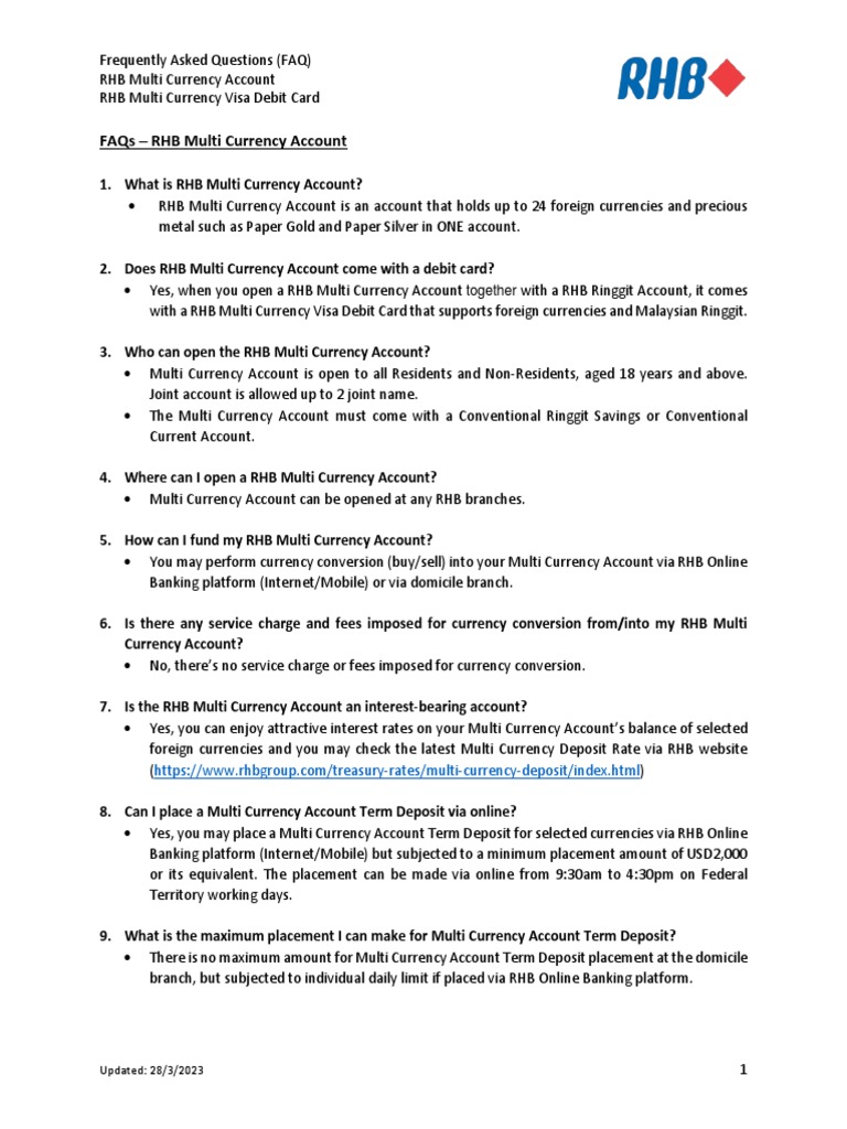 RHB Multi Currency Account & Debit Card FAQs | PDF | Finance & Money ...