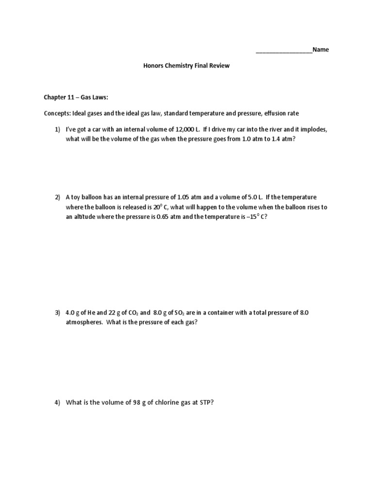 Honors Chemistry Final Review | PDF | Gases | Chemical Reactions
