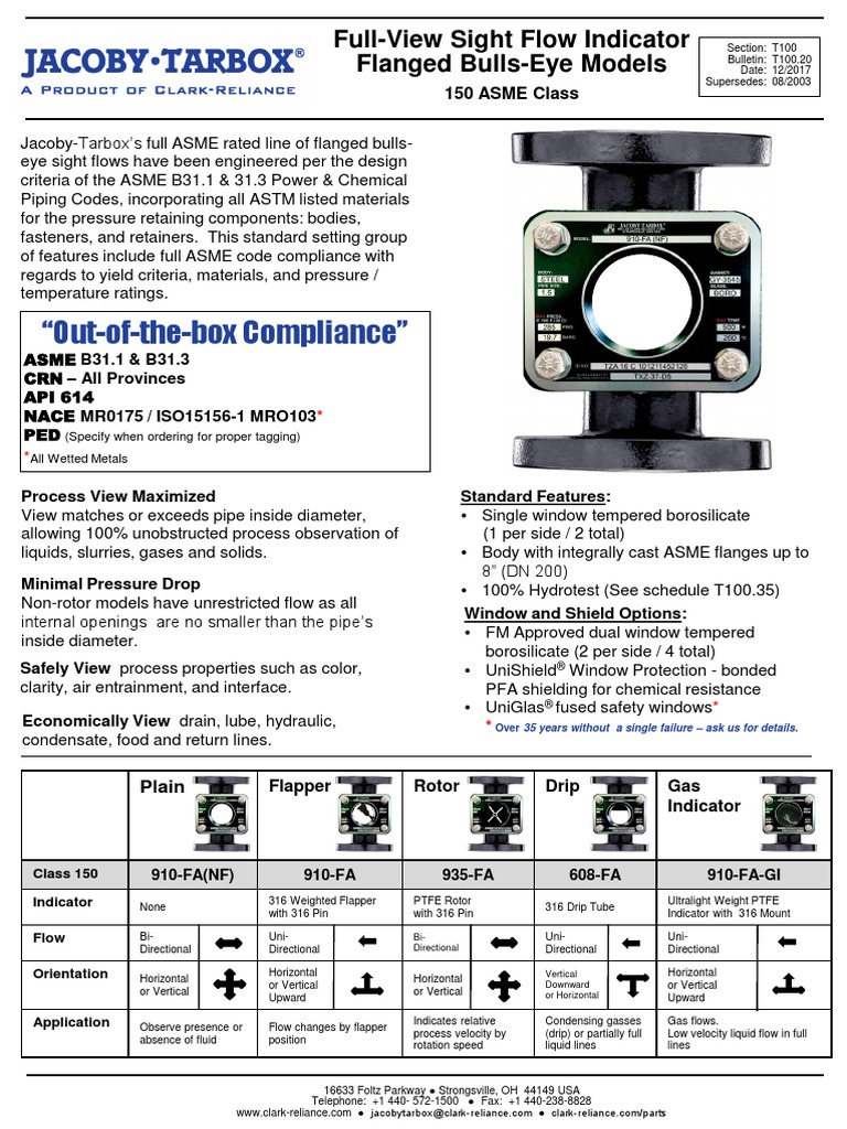 Partida 4. SG-10415D Jacoby-Tarbox 935FA Full-View Sight Flow Indicator ...