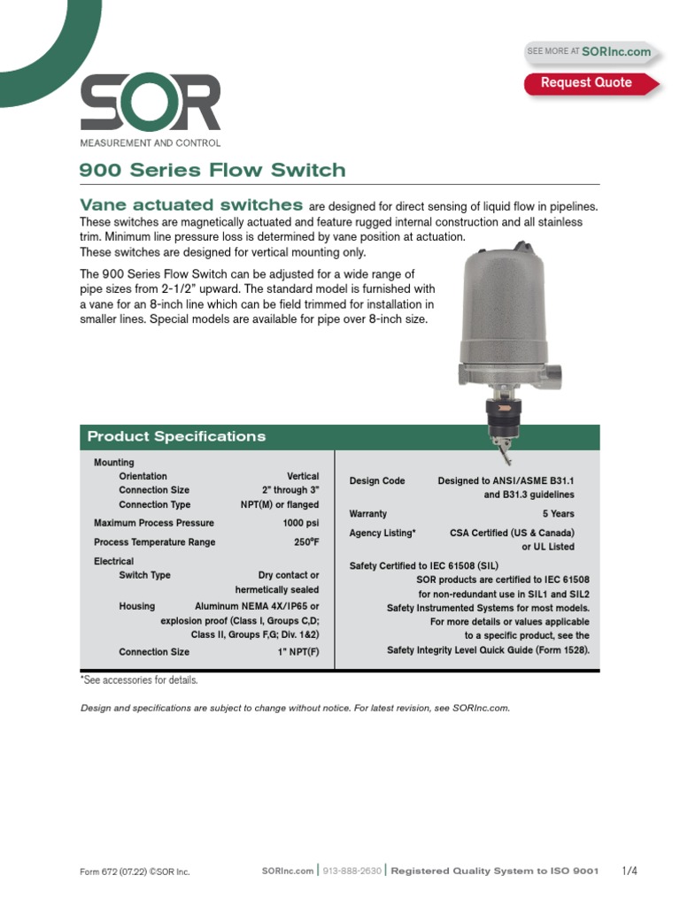 Partida 7. FSL-10415D SOR 900 Series Flow Switches Brochure | PDF | Switch | Pipe (Fluid Conveyance)