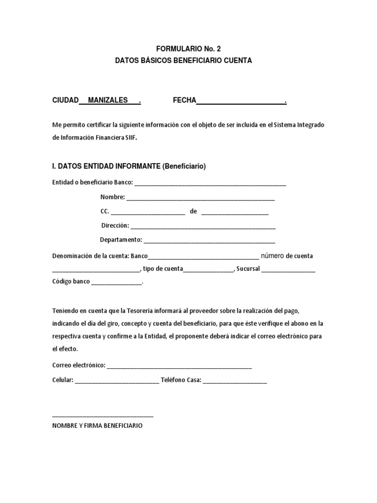 Anexo No. 6 Formulario Datos Básicos Beneficiario Cuenta | PDF