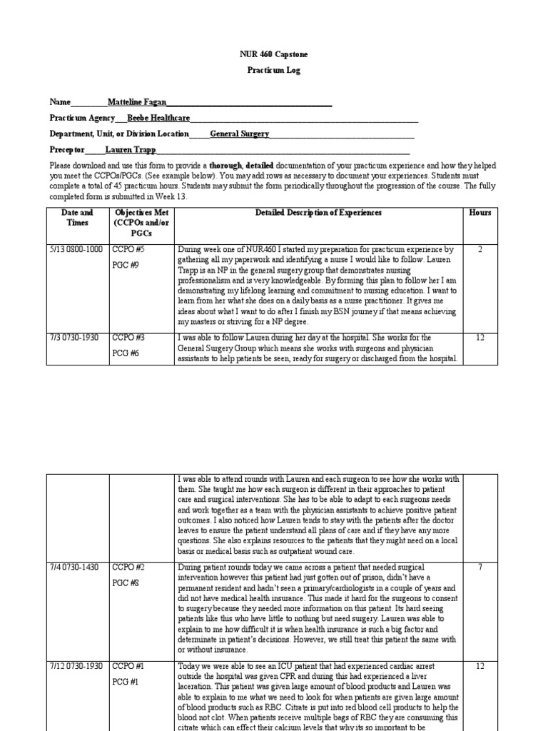 New Nur 460 Capstone Practicum Log | PDF | Patient | Surgery