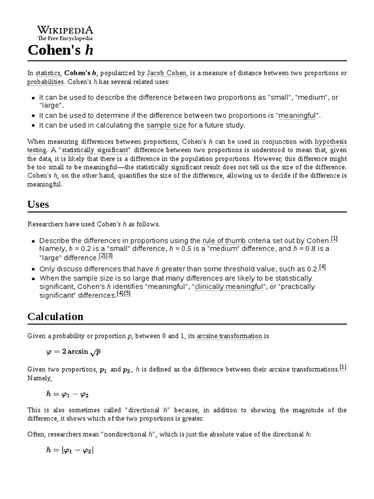 Cohen's H | PDF | Effect Size | Statistics