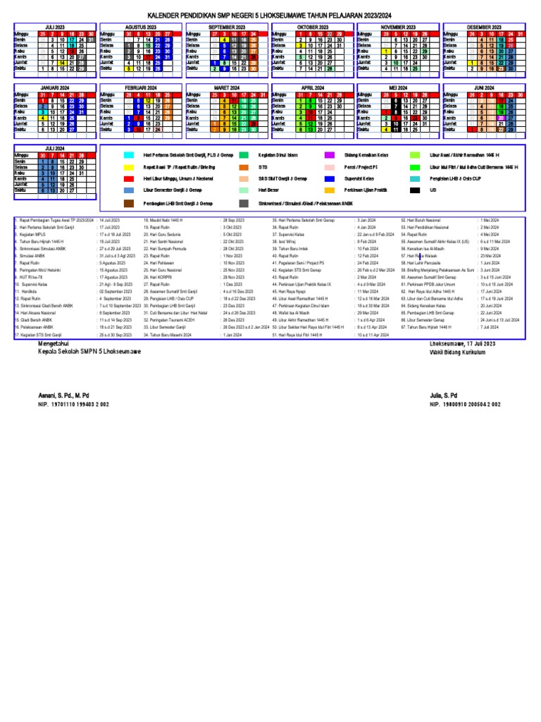 Kalender Pendidikan TP 2023 2024 Selembar | PDF