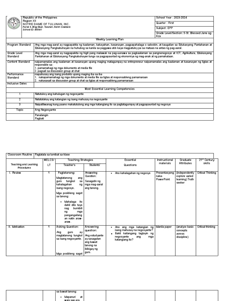 EPP 5 Week 1, PALENCIA | PDF