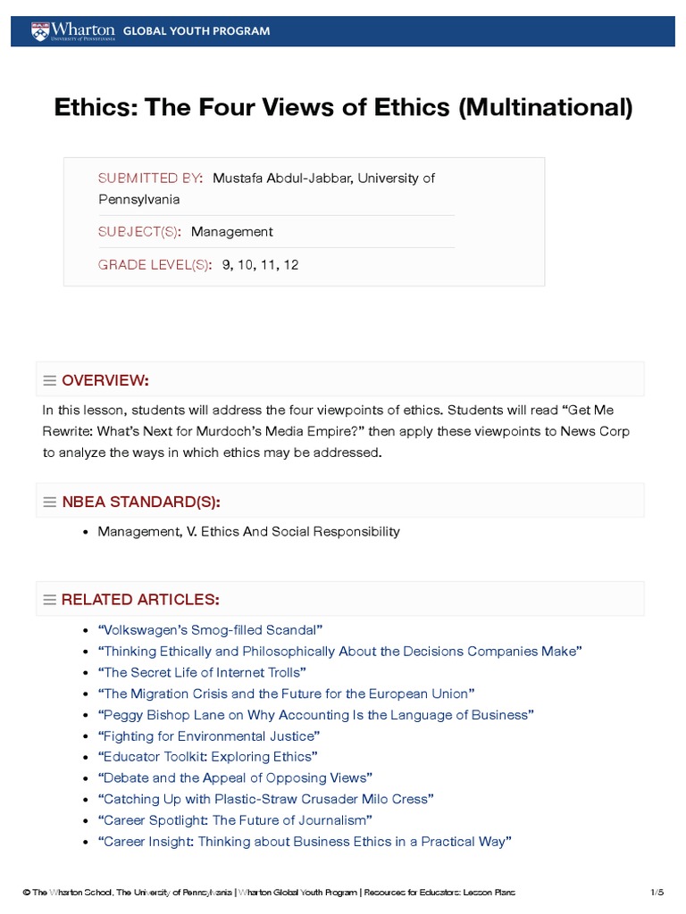 Ethics The Four Views of Ethics Multinational | PDF