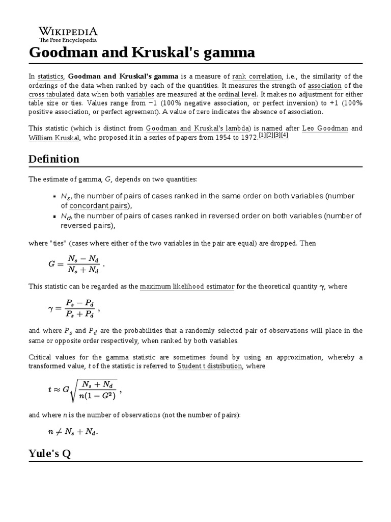 Goodman and Kruskal's Gamma | PDF