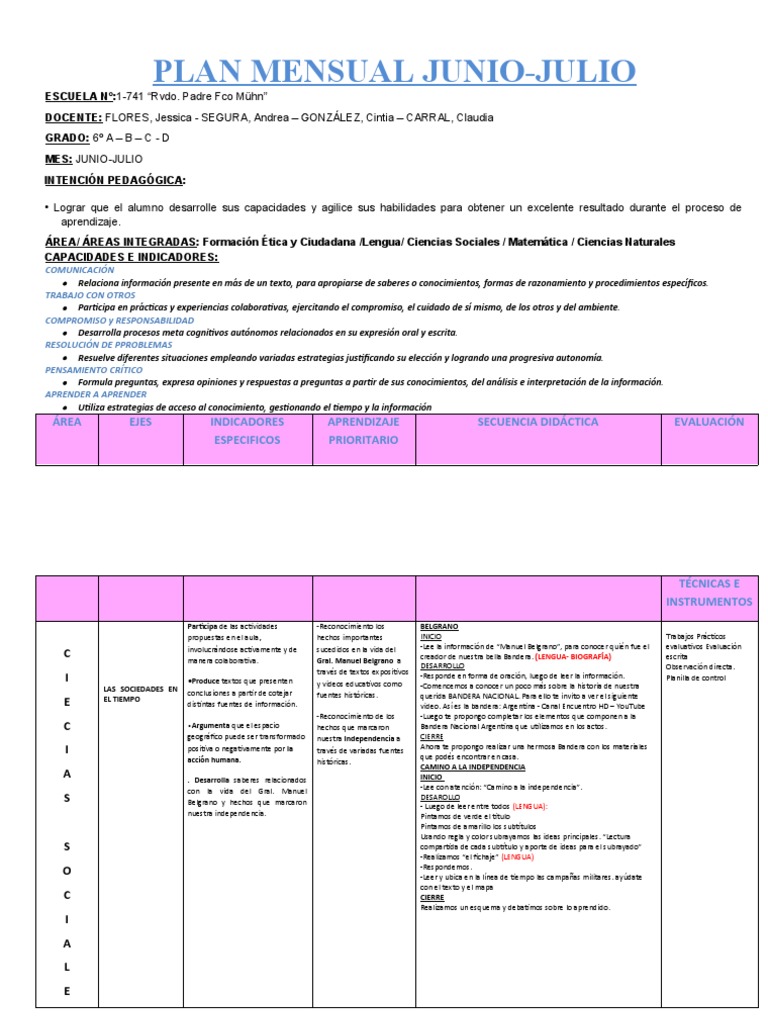 Plan Educativo 6º Grado Junio-Julio | PDF | Comprensión lectora ...