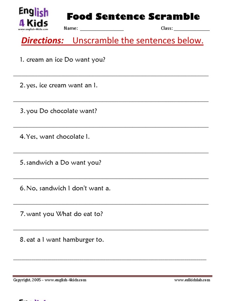Food Sentence Scramble | PDF | Fast Food | Foods