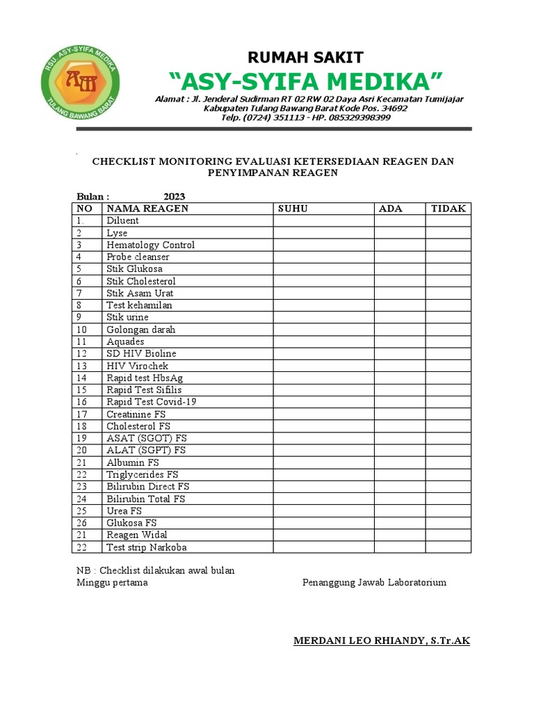 Ceklist Evaluasi Reagen | PDF