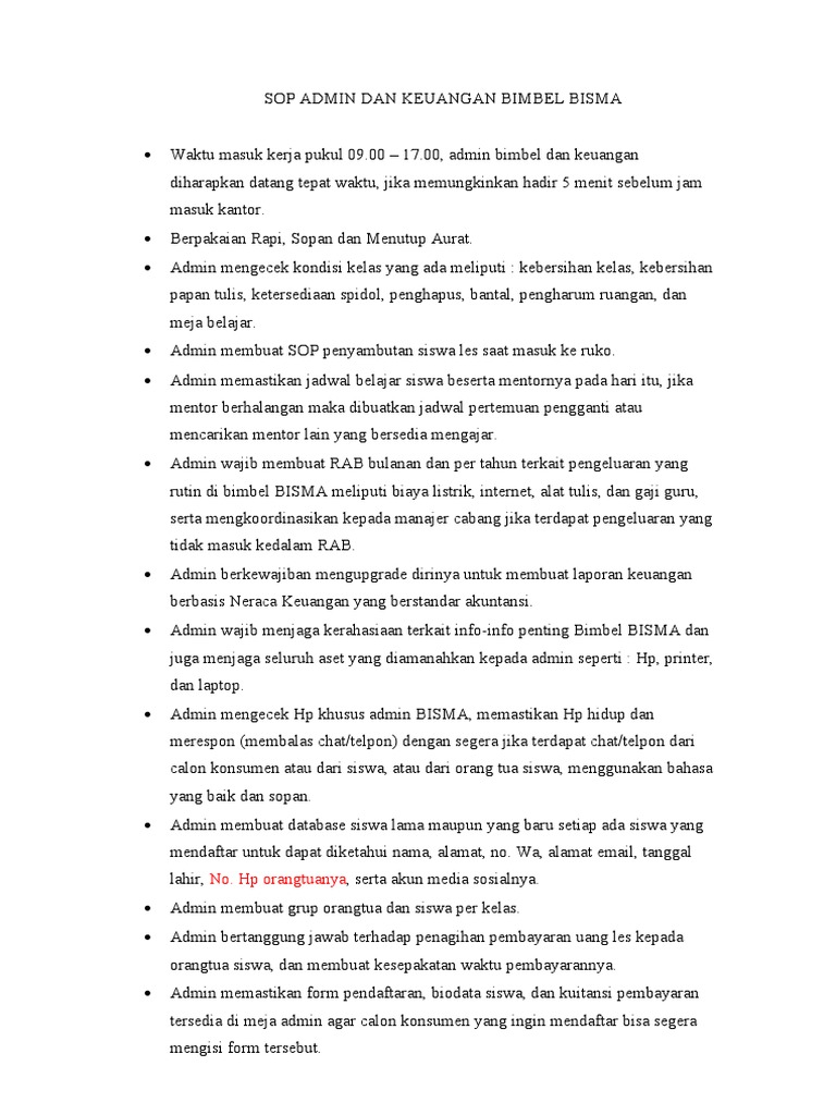 SOP Admin Bimbel Dan Keuangan Bisma | PDF