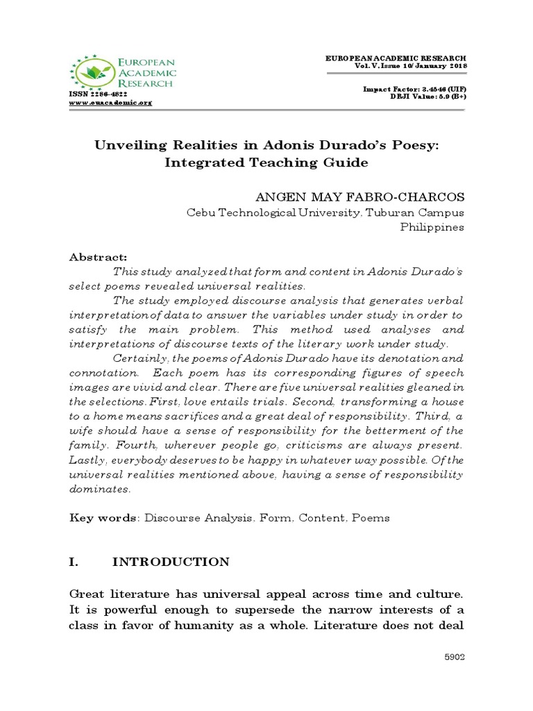 Unveiling Realities in Adonis Durado's Poesy: Integrated Teaching Guide ...