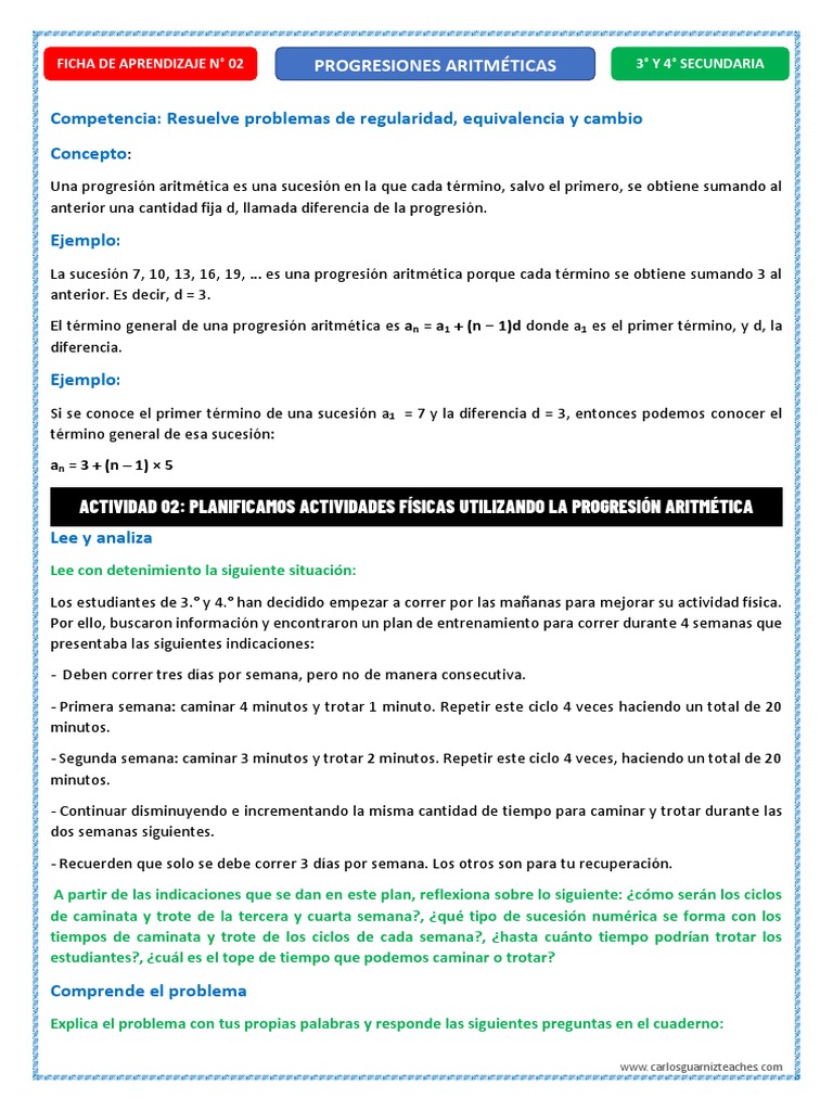 Ficha de Aprendizaje 2 Progresiones Aritmeticas 3y4 Sec | PDF | Aritmética | Secuencia