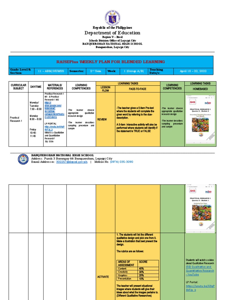 RAISEPlus Weekly Plan For Blended Learning. PRACTICAL RESEARCH 1 | PDF | Sampling (Statistics ...