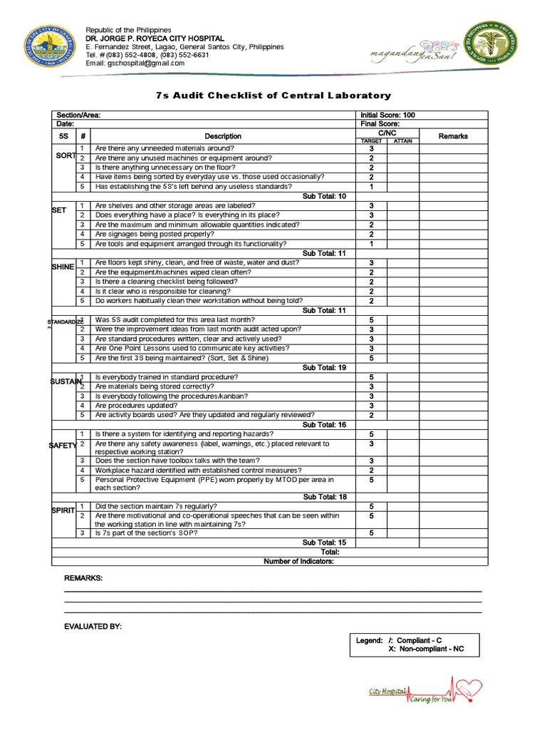 7S Audit Checklist for Central Laboratory | PDF | Workplace | Working ...