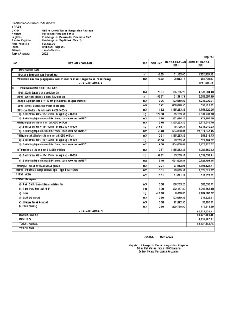 RAB Pembuatan Septictank | PDF
