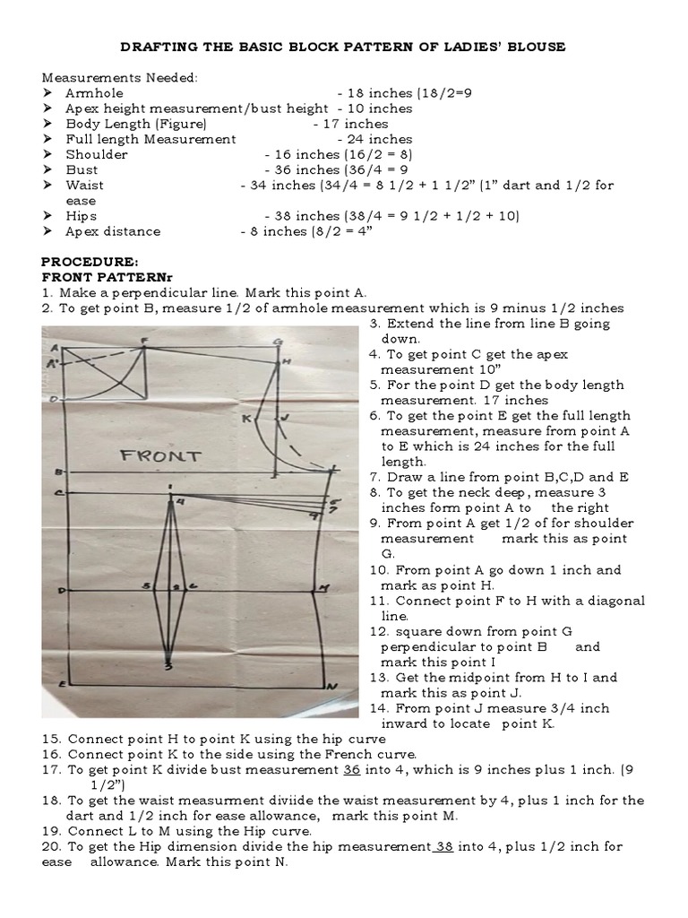 Proceure in DRAFTING THE BASIC BLOCK PATTERN OF LADIES | PDF | Length ...