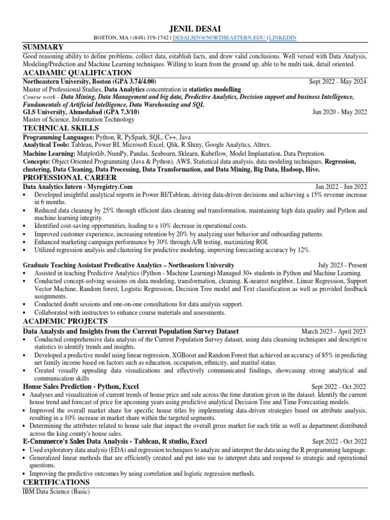 Jenil Desai Resume | PDF | Data Analysis | Analytics Jenil Desai Resume | PDF | Data Analysis | Analytics
