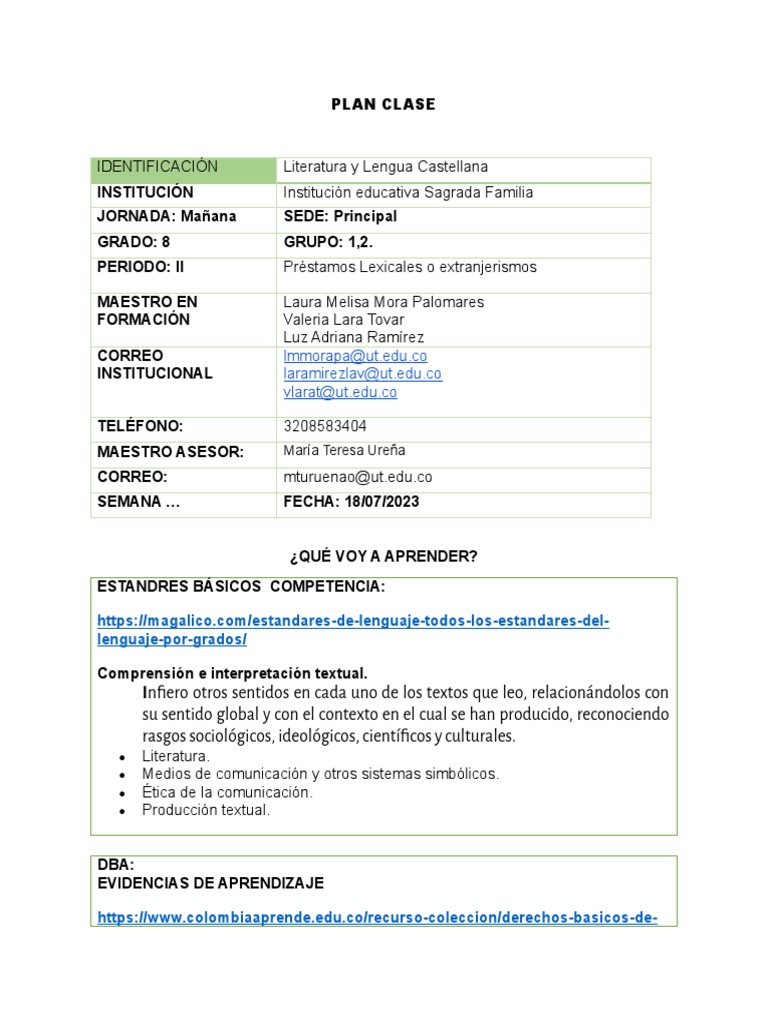 Formato Plan Clase - Men | PDF