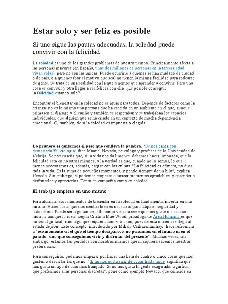 Estar Solo y Ser Feliz Es Posible | PDF | Felicidad | Soledad