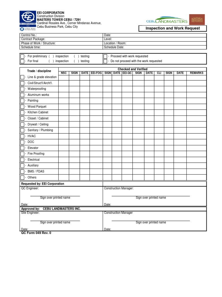 Inspection and Work Request: Eei Corporation Masters Tower Cebu / 7291 ...
