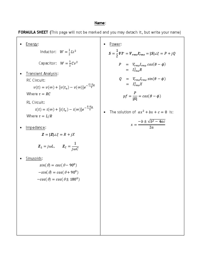 W18 ECE140 Final-Formulas | PDF