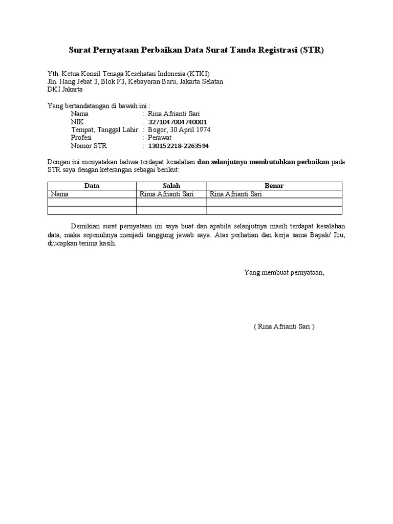 Surat Pernyataan Perbaikan Data Surat Tanda Registrasi | PDF