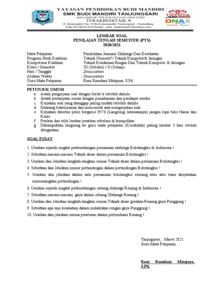 Lembar Soal PTS Pendidikan Jasmani | PDF