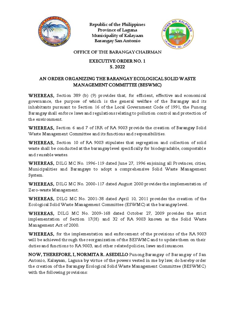 EO No. 2 2022 BESWMC SA | PDF | Waste Management | Municipal Solid Waste