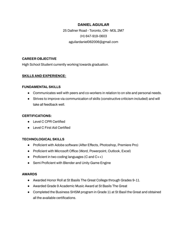Daniel Aguilar's High School Resume | PDF | Business