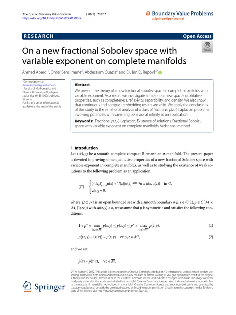 On A New Fractional Sobolev Space With Variable Exponent On Complete Manifolds | PDF | Manifold ...