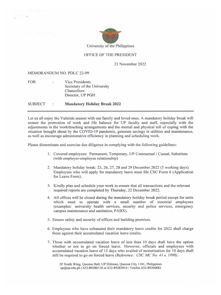Memorandum No. PDLC 22 99 Mandatory Holiday Break 2022 | PDF
