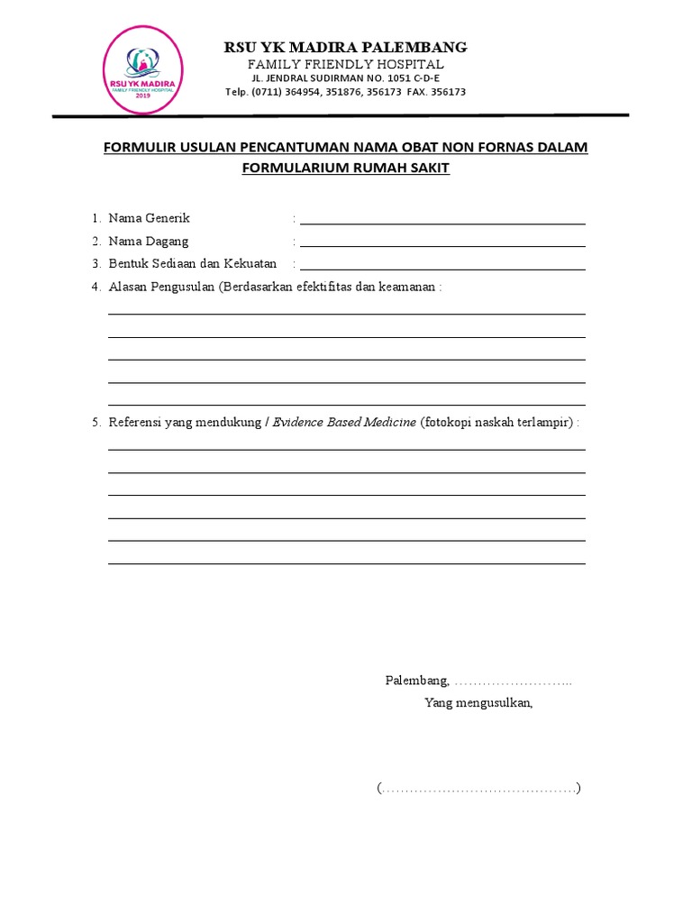 Formulir Usulan Pencantuman Nama Obat Non Fornas Dalam Formularium