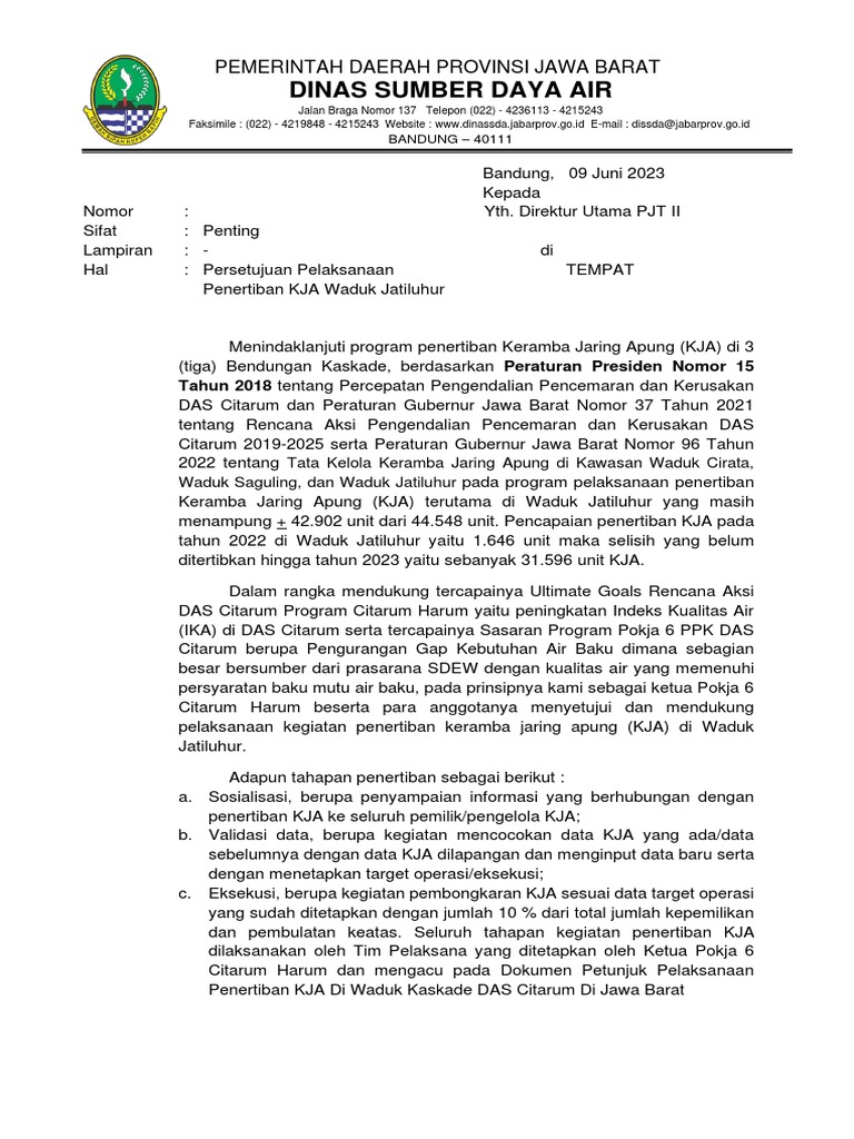 Surat Persetujuan Pelaksanaan Penertiban KJA Waduk Jatiluhur | PDF