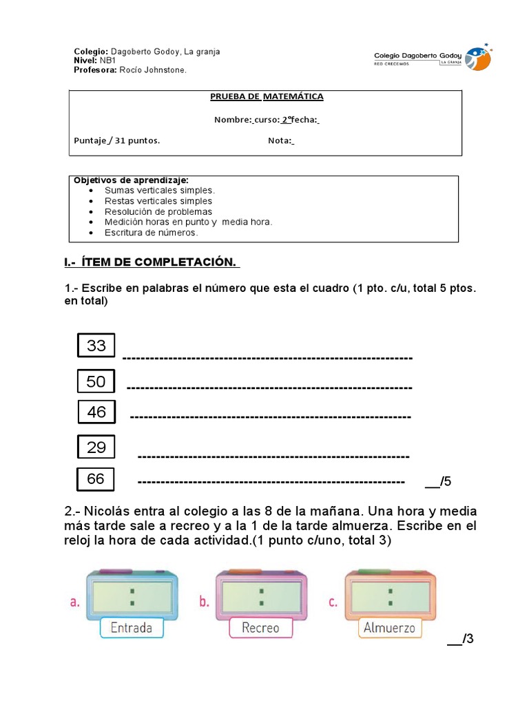 Prueba de Matemática para 2° Básico | PDF