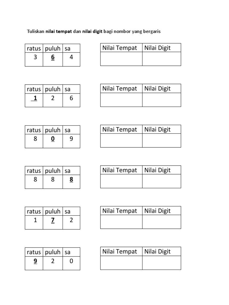 Tuliskan Nilai Tempat Dan Nilai Digit Bagi Nombor Yang Bergaris | PDF